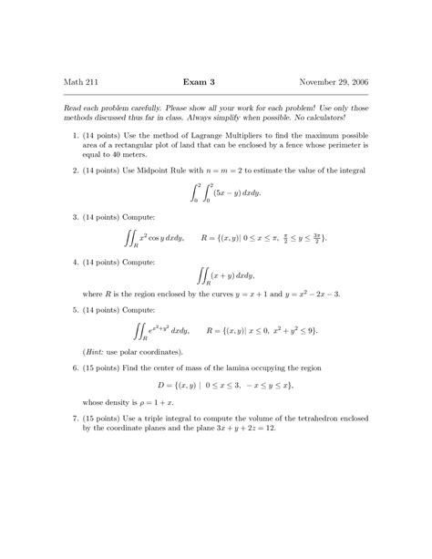 Rectangular Plot Honors Calculus Exam Exams Calculus Docsity