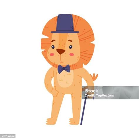 재밌는 사자 캐릭터 와 갈기 착용 최고 모자 와 나비 넥타이 서 있는 와 지팡이 벡터 일러스트 나비 넥타이에 대한 스톡 벡터 아트 및 기타 이미지 Istock