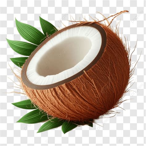 투명한 배경에 녹색 잎 3d 렌더링이 있는 신선한 절반 껍질을 벗긴 코코넛의 아트클립 투명한 배경에 녹색 잎 3d 렌더링이 있는 신선한 절반 껍질을 벗긴 코코넛의 아트클립