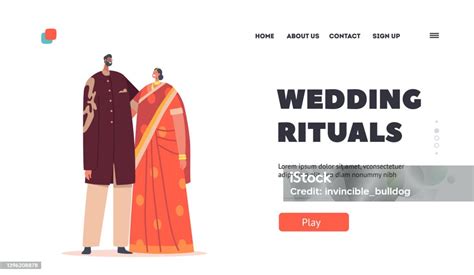 결혼식 의식 방문 페이지 템플릿 인도 부부 결혼 축하 행복한 미소 짓는 신랑과 신부 캐릭터 1위에 대한 스톡 벡터 아트 및 기타 이미지 Istock