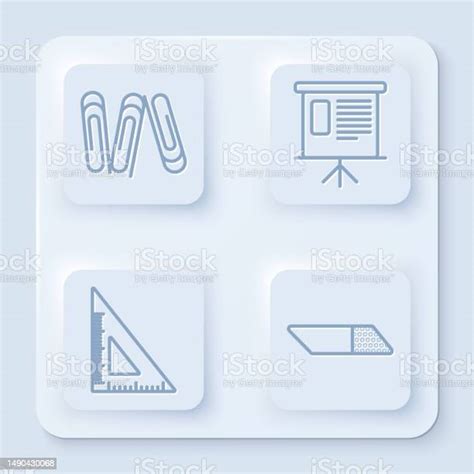 라인 종이 클립 그래프 일정 차트 다이어그램 인포그래픽 파이 그래프 삼각형 눈금자 및 지우개 또는 고무가 있는 프레젠테이션 금융 보드를 설정합니다 흰색 사각형 버튼입니다