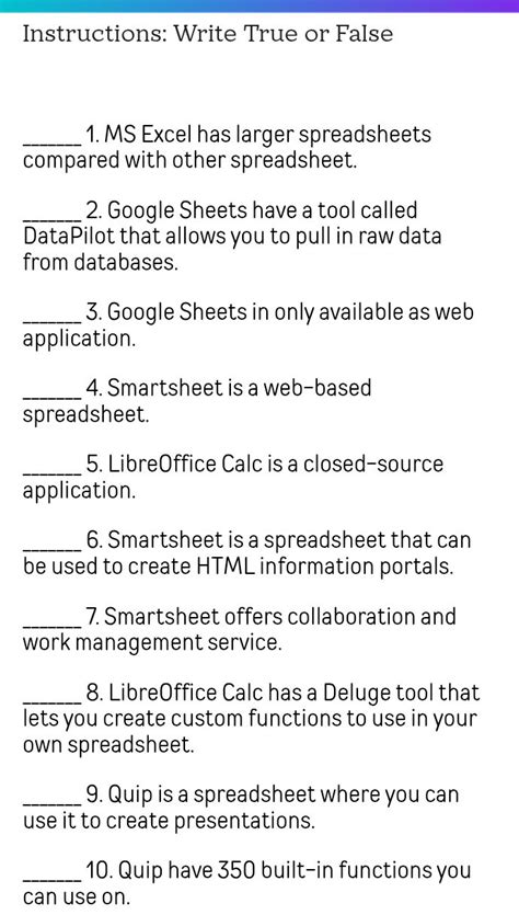 Instructions Write True Or False 1 Ms Excel Has Larger Spreadsheets