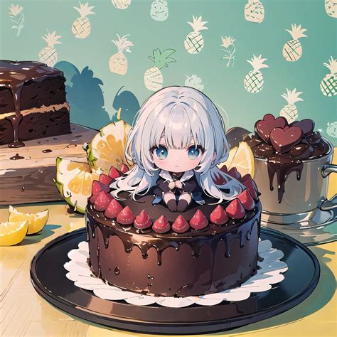 Anime Style Image Of A Girl Sitting On Top Of A Chocolate Cake