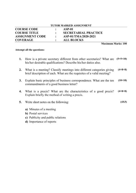 Asp 01 Secretarial Practice In English Solved Assignment 2020 2021 Free