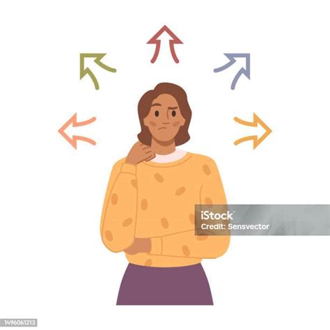 어떤 방법을 선택할지 결정하는 어리둥절한 여자 캐릭터 선택 기회 여러 경로 선택 목적지 선택의 딜레마 평면 만화 벡터 일러스트레이션 가공의 인물에 대한 스톡 벡터 아트 및