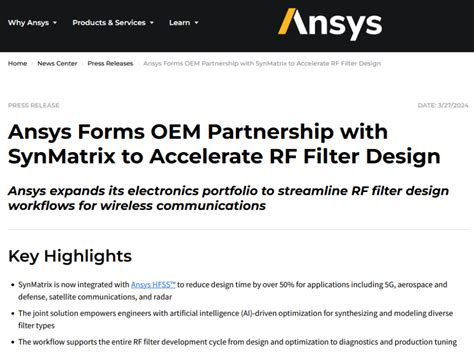 synmatrix forms oem partnership with ansys to accelerate rf filter