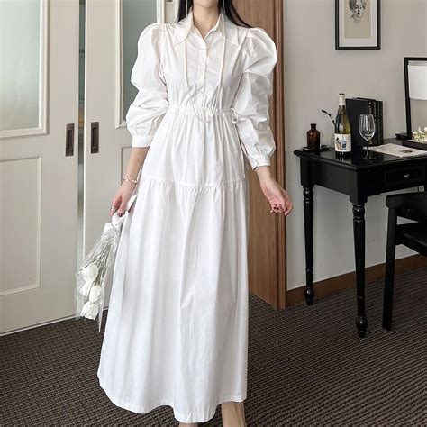 카라 셔츠 바스락 코튼 볼륨 퍼프소매 스트링 맥시 롱원피스화이트 베이지 면 100 화사한 데일리 나들이 데이트 여행 기념일룩
