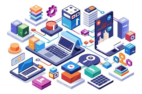 Isometric Illustration Of Data Processing With Connected Devices And