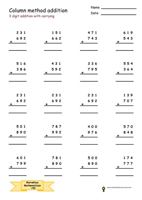4 Digit Column Addition Worksheets