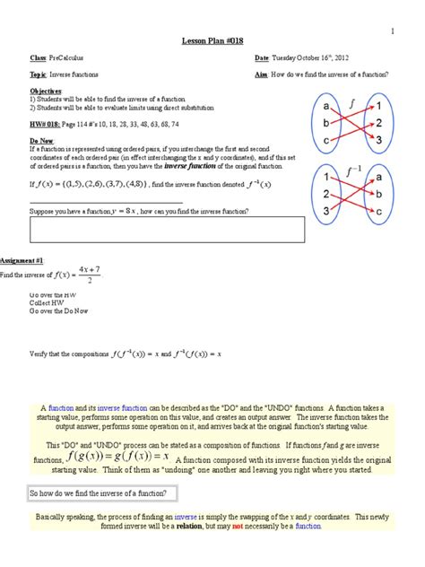 Precalculus Fall 2012 Lesson 018 Inverse Functions Pdf Function
