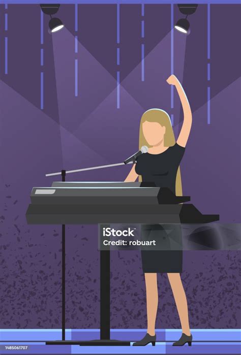 피아니스트 아름다운 여성 음악가는 키보드로 작곡을 연주하고 콘서트 무대에서 노래합니다 공연에 대한 스톡 벡터 아트 및 기타