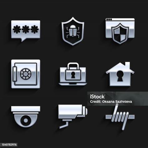 노트북 및 잠금 장치 보안 카메라 철조망 보호 중인 집 금고 방패가 있는 브라우저 및 암호 아이콘을 설정합니다 벡터 감시에 대한 스톡 벡터 아트 및 기타 이미지 Istock