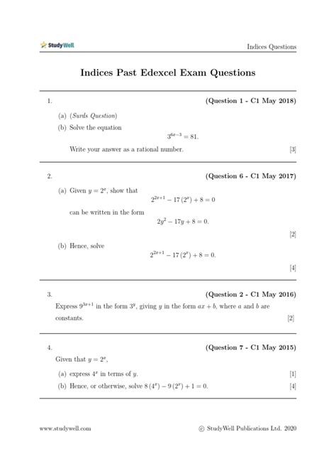 Indices Exam Questions Pdf Mathematics Mathematical Objects