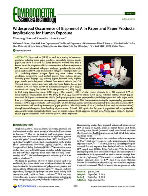 Pdf Widespread Occurrence Of Bisphenol A In Paper And Paper Products