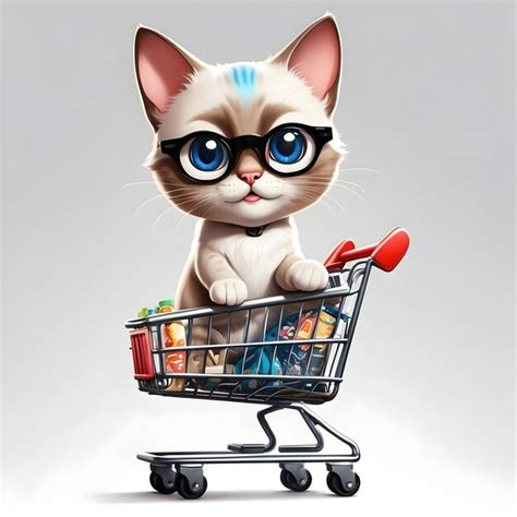 Premium Ai Image Cartoon Cute Cat With Shopping Cart Feline Grocery
