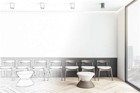 3d 렌더링 도시 전망과 가구 모형과 함께 창의적인 사무실 리셉션 인테리어 스케치 설계 수리 청사진 대기 공간 및 작업장 개념 3d 랜더링 프리미엄 사진