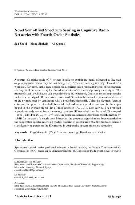 Pdf Novel Semi Blind Spectrum Sensing In Cognitive Radio Networks With Fourth Order Statistics