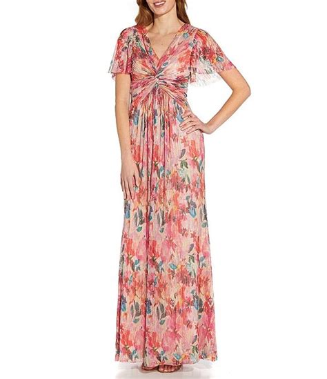 Adrianna Papell Metallic Floral Print Pleated Twist V Neck Short Flutter Sleeve Gown Dillards