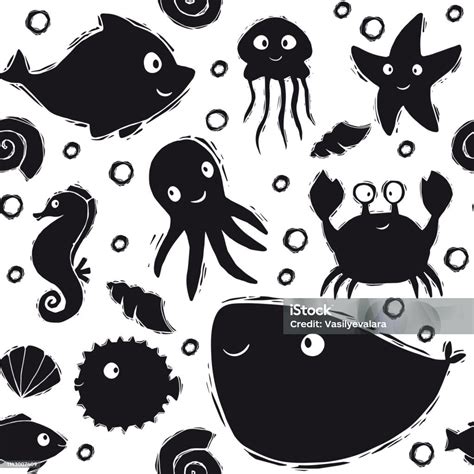 바다 아기 귀여운 완벽 한 패턴입니다 달콤한 돌고래 해파리 불가사리 씨 호스 문 어 게 고래 무늬 0명에 대한 스톡 벡터 아트 및 기타 이미지 Istock