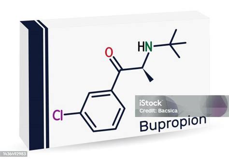 부프로피온 분자 그것은 아미노 케톤 항우울제 우울증과 금연의 치료에 사용됩니다 골격 화학 공식 의약품용 종이 포장 건강관리와 의술에 대한 스톡 벡터 아트 및 기타 이미지