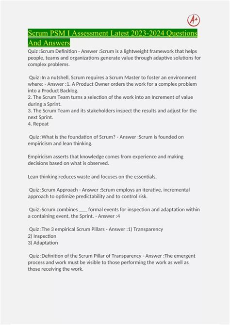 Scrum Psm I Assessment Latest Questions And Answers Scrum Psm I