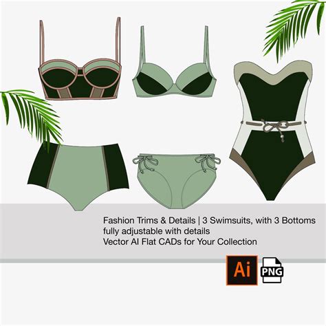 Fashion CAD Template Adobe Illustrator Sketch 3 Swimsuits 2 Bikinis And 1 Full Body Swim Suit
