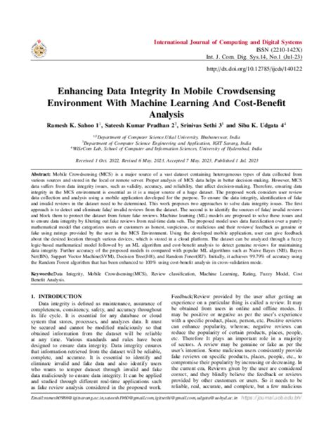 Pdf Enhancing Data Integrity In Mobile Crowdsensing Environment With Machine Learning And Cost