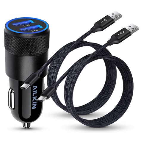 Dual USB Car Charger With Double Phone Ports Multi Long IPhone Plug 2PCS Type C Cables Black