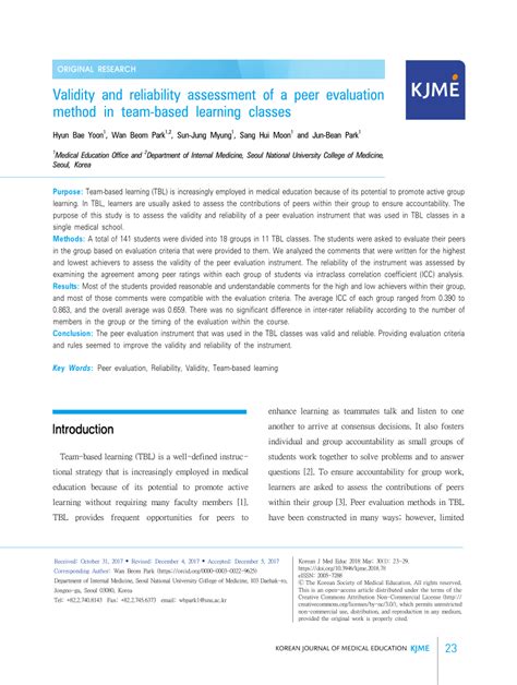 Pdf Validity And Reliability Assessment Of A Peer Evaluation Method In Team Based Learning Classes