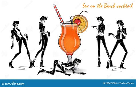 Fashion Girl In Style Sketch With Cocktail Vector Illustration Stock