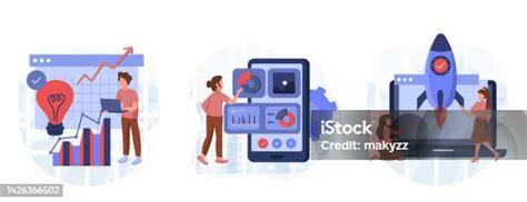 비즈니스 일러스트레이션 세트 캐릭터 계획 프로토타이핑 및 스타트업 아이디어 테스트 마케팅 데이터 분석 비즈니스 활동 개념 벡터 일러스트레이션 개념에 대한 스톡 벡터 아트 및