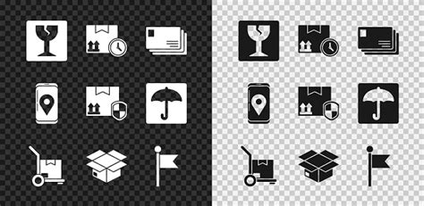 깨지기 쉬운 깨진 유리 골판지 상자 및 빠른 시간 봉투 핸드 트럭 상자 판지 판지 위치 마커 앱 배달 추적 및 배달 팩 보안 방패 아이콘이 있는 모바일을 설정합니다 벡터