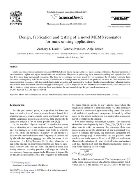 Pdf Design Fabrication And Testing Of A Novel Mems Resonator For Mass Sensing Applications