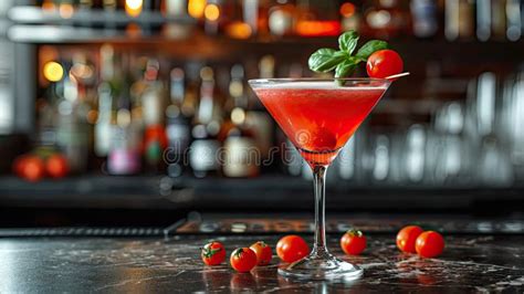 Alcoholic Cocktail Caprese Martini Made From Tomato Juice And Vodka In A Martini Glass With