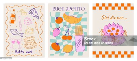과일 야채 케이크 와인 피자 삽화가 있는 추상적인 음식 포스터 세트입니다 현대 미술을 화려하고 트렌디한 스타일로 프린트 디너 파티 벽 예술 벡터 그래픽 귀여운에 대한 스톡