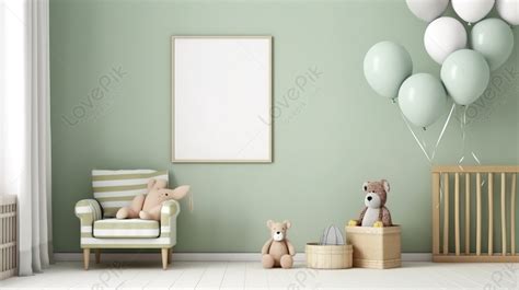 스칸디나비아 스타일의 녹색 어린이 방 내부 배경에 있는 모형 프레임의 3d 렌더링 어린 배경 내부 배경 린이 배경 이미지 Hd 어린 내부 린이 배경 사진 무료