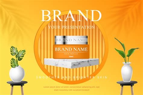 여름 비타민 C 화장품 광고 템플릿입니다 원형 유리 디스크와 감귤류 과일이 있는 사암 무대에 표시된 3d 스포이드 병 모형 0명에 대한 스톡 벡터 아트 및 기타 이미지