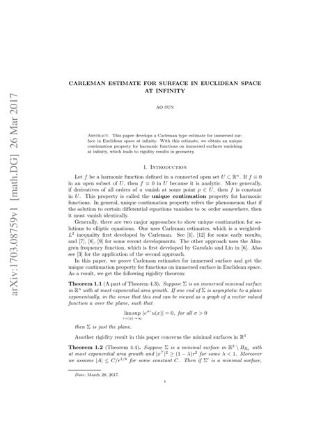 Pdf Carleman Estimate For Surface In Euclidean Space At Infinity