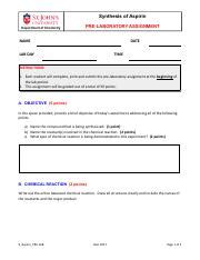 Aspirin PRE LAB Copy Pdf Synthesis Of Aspirin Department Of Chemistry PRE LABORATORY