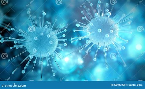 Two Large Detailed Virus Particles With Protruding Surface Proteins Are Shown In A Blue Stock