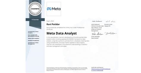 ravi patidar on linkedin completion certificate for meta data analyst
