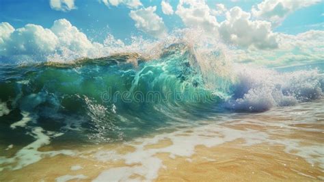Vibrant Waves Crashing Onto The Golden Shore Under A Bright Blue Sky