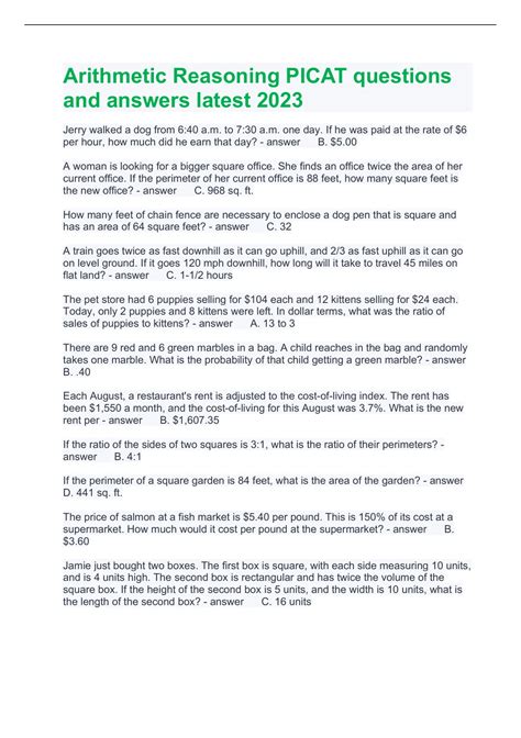 Arithmetic Reasoning Picat Questions And Answers Latest 2023 Picat Stuvia Us