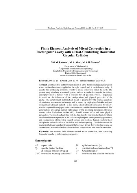 Pdf Finite Element Analysis Of Mixed Convection In A Rectangular Cavity With A Heat Conducting