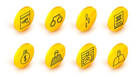 물음표 용의자 범죄자 죄수 돈 가방 법률 책 발자국 수갑 및 증거 권총 또는 총 아이콘이 있는 익명의 줄을 설정합니다 벡터 3차원 형태에 대한 스톡 벡터 아트 및 기타