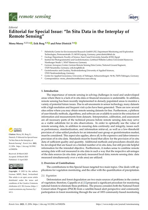 Pdf Editorial For Special Issue “in Situ Data In The Interplay Of Remote Sensing”