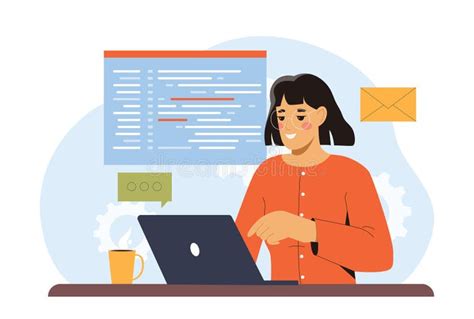 Female Developer Coding At Laptop Desk Vector Illustration Stock Illustration Illustration Of
