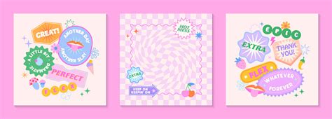 90년대 스타일의 패치와 스티커가 있는 벡터 템플릿입니다 Y2k 미학의 현대 엠블럼 강렬하고 밝은 색상에 대한 스톡 벡터 아트