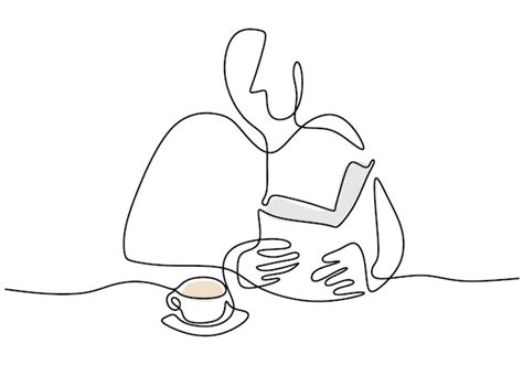 젊은 남자의 연속 한 줄 그리기 흰색 배경에 고립 된 테이블에 커피 한잔과 함께 책을 읽고 차를 마시는 개념 한 줄 기호 그리기