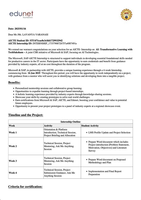 Ai Microsoft Sap Internship Techsaksham Aicte Machinelearning Lavanya Varanasi